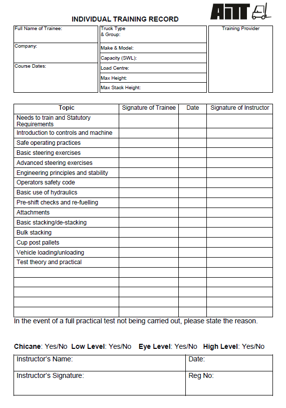 Pre-printed Individual Training Record Marking Sheet (x100) » AITT